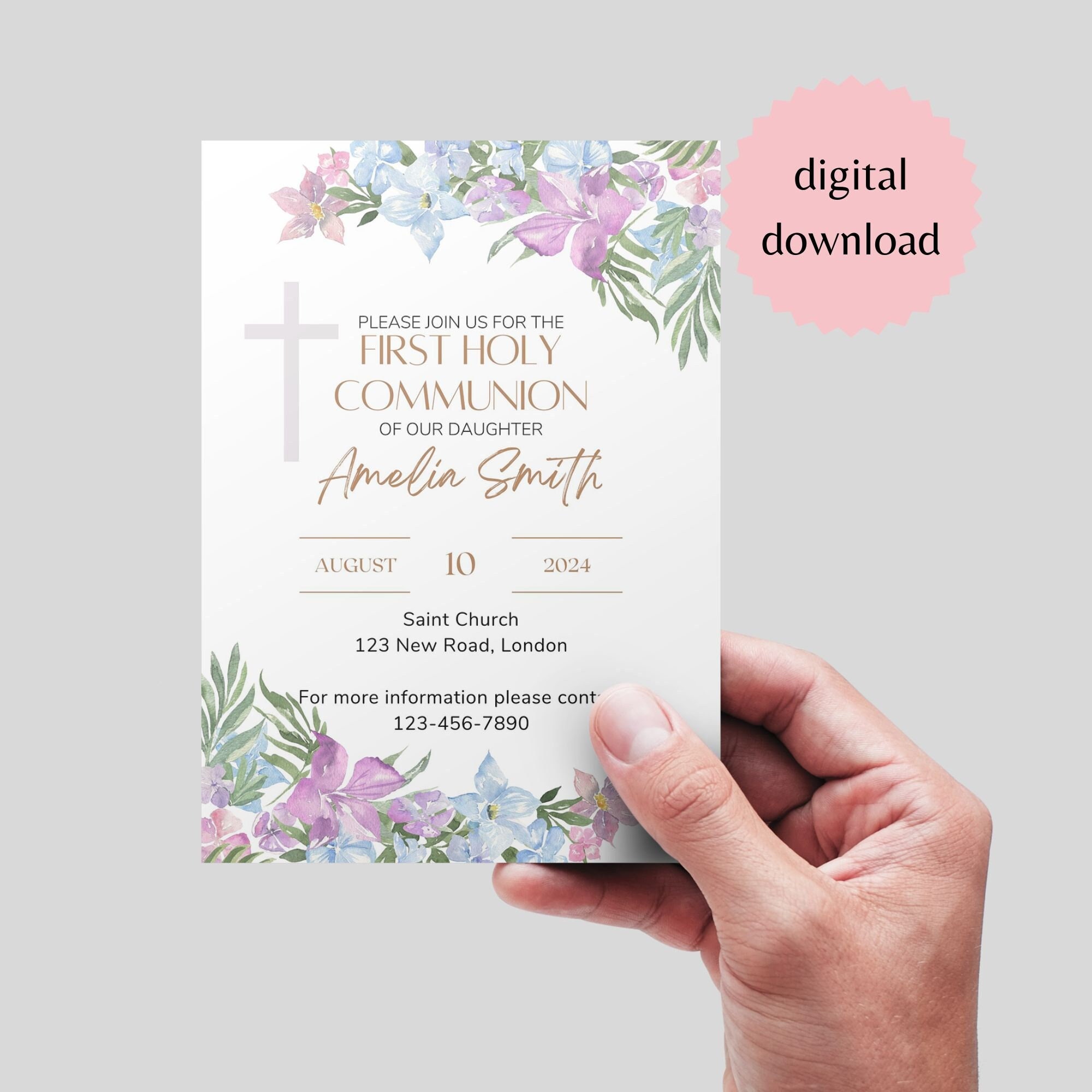 Floral Holy Communion Invitation Template. Editable Communion Invite ...