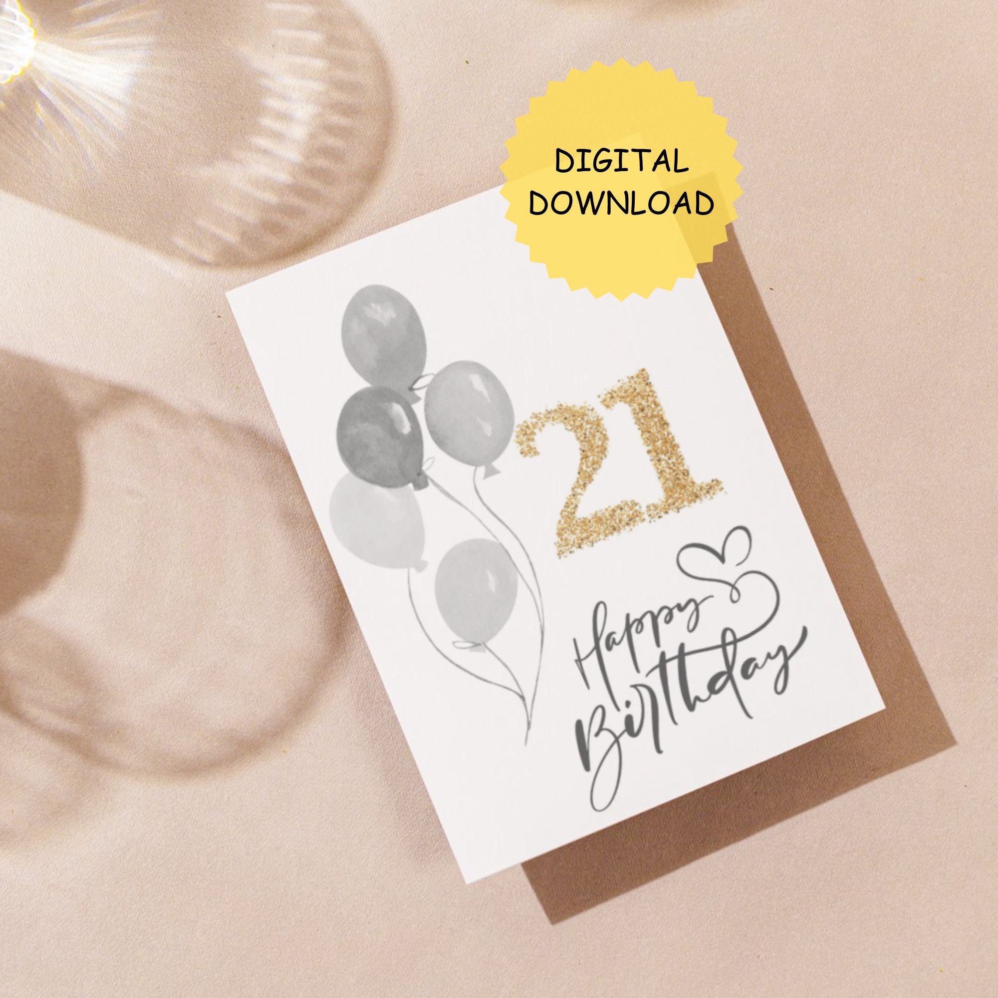 21 Birthday Printable Card. DIGITAL DOWNLOAD. Gold 21 Birthday Card ...