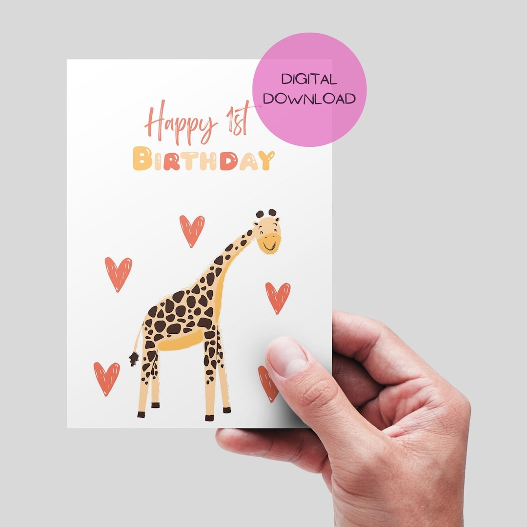 Giraffe Birthday Card Printable - Digital 1st Birthday Card. Giraffe ...