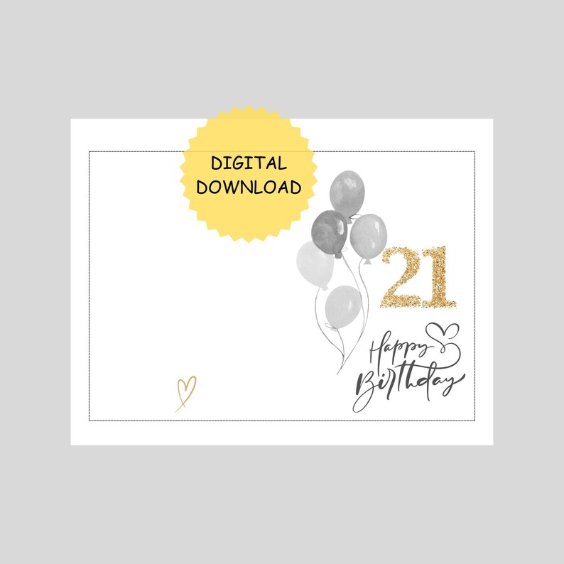 21 Birthday Printable Card. DIGITAL DOWNLOAD. Gold 21 Birthday Card ...