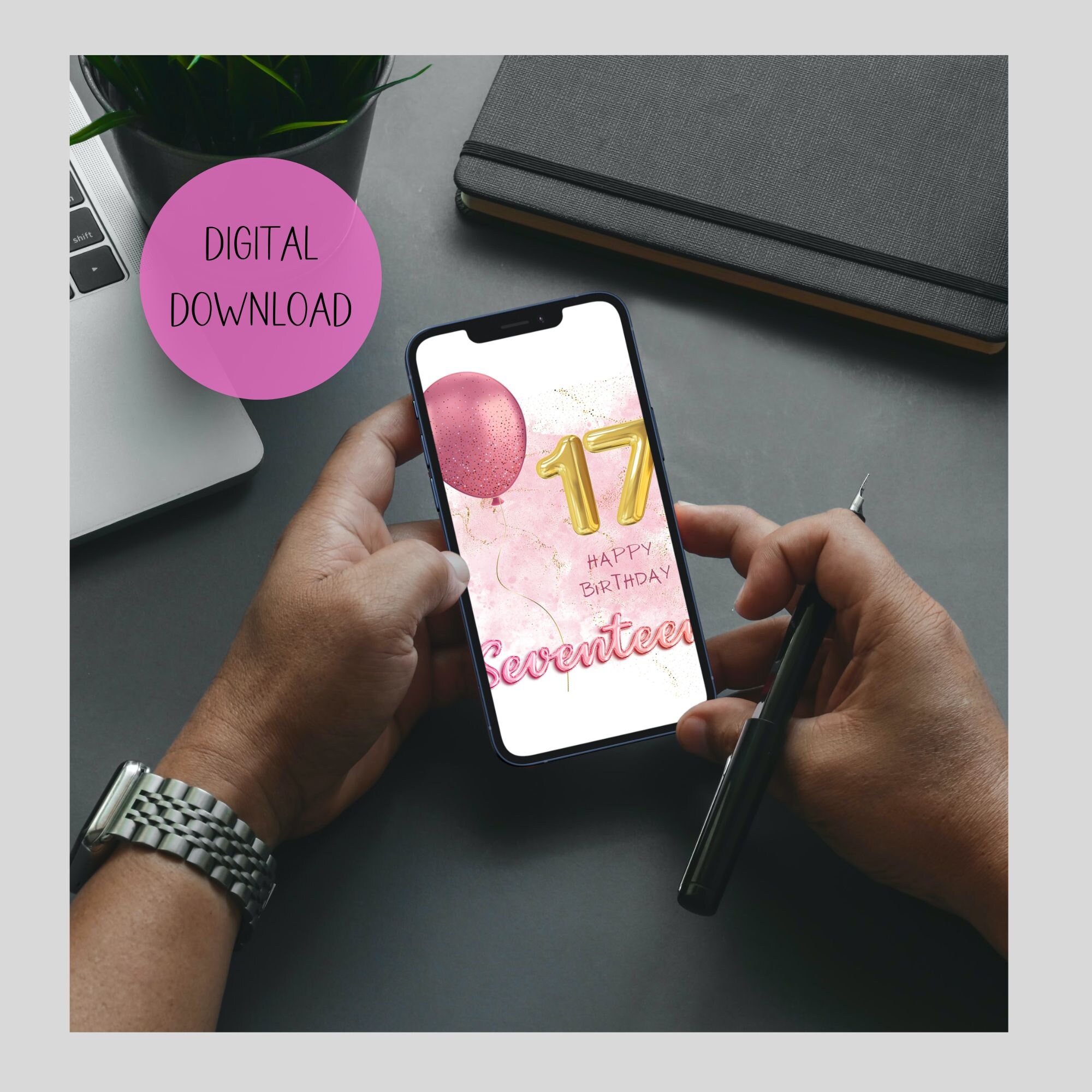 17th Birthday Printable Card. DIGITAL DOWNLOAD. Pink and Rose Gold 17th ...