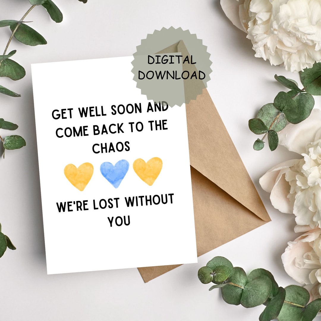 Get Well Soon Printable Card. Funny Get Well Card. Blue and Yellow ...