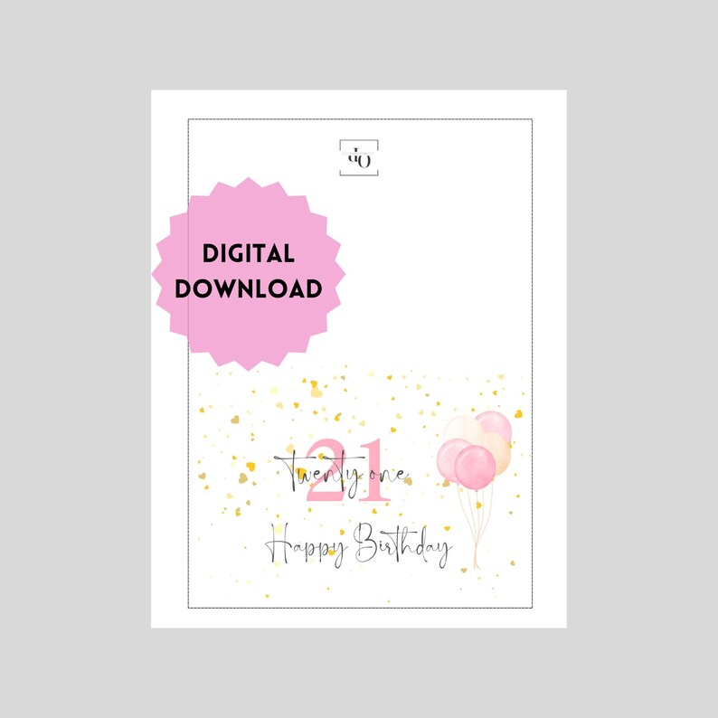 21 Birthday Printable Card. DIGITAL DOWNLOAD. Pink and Gold 21 Birthday ...