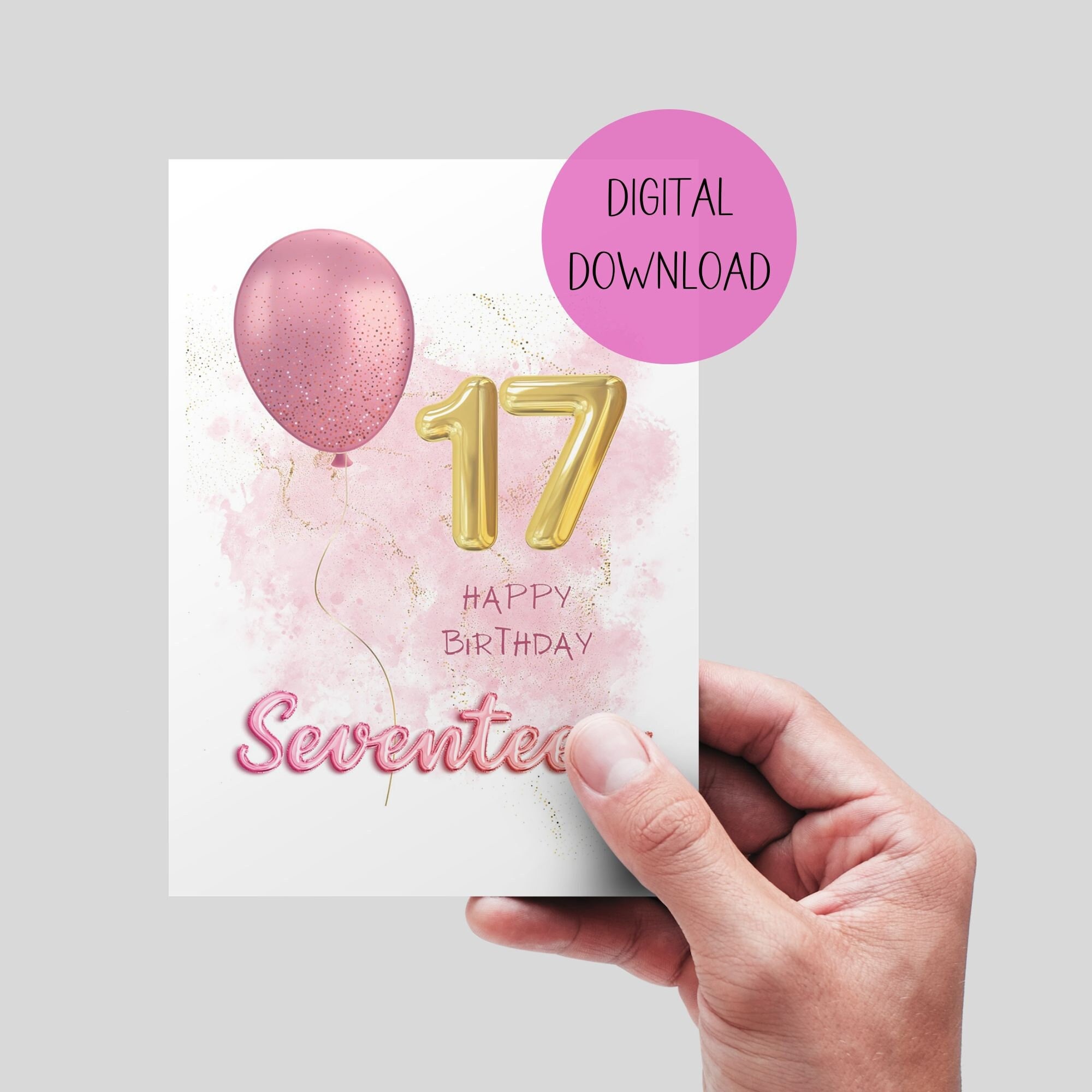 17th Birthday Printable Card. DIGITAL DOWNLOAD. Pink and Rose Gold 17th ...