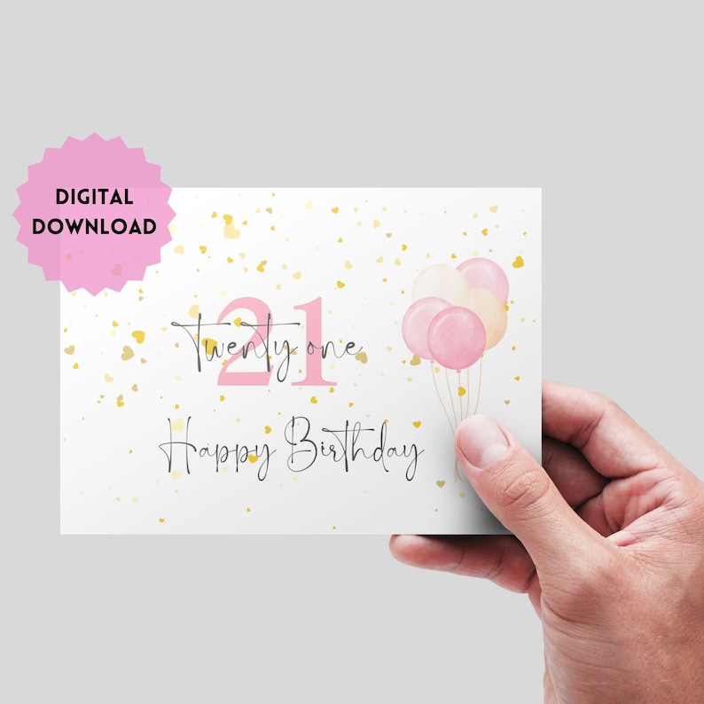 21 Birthday Printable Card. DIGITAL DOWNLOAD. Pink and Gold 21 Birthday ...