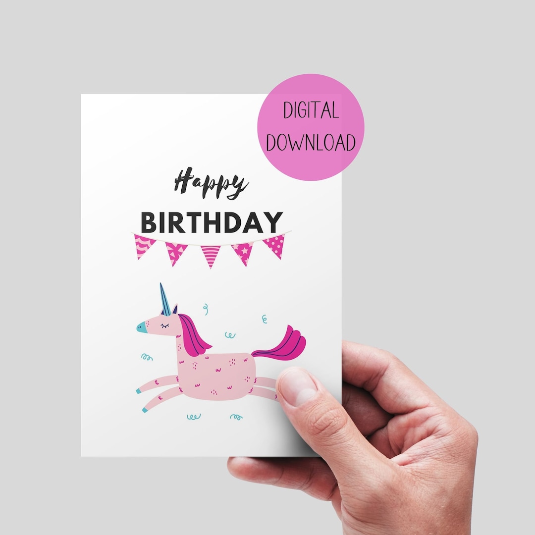 Unicorn Printable Birthday Card, Pink Unicorn Card for Kids, Cute ...