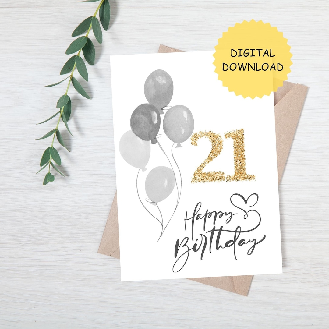 21 Birthday Printable Card. DIGITAL DOWNLOAD. Gold 21 Birthday Card ...