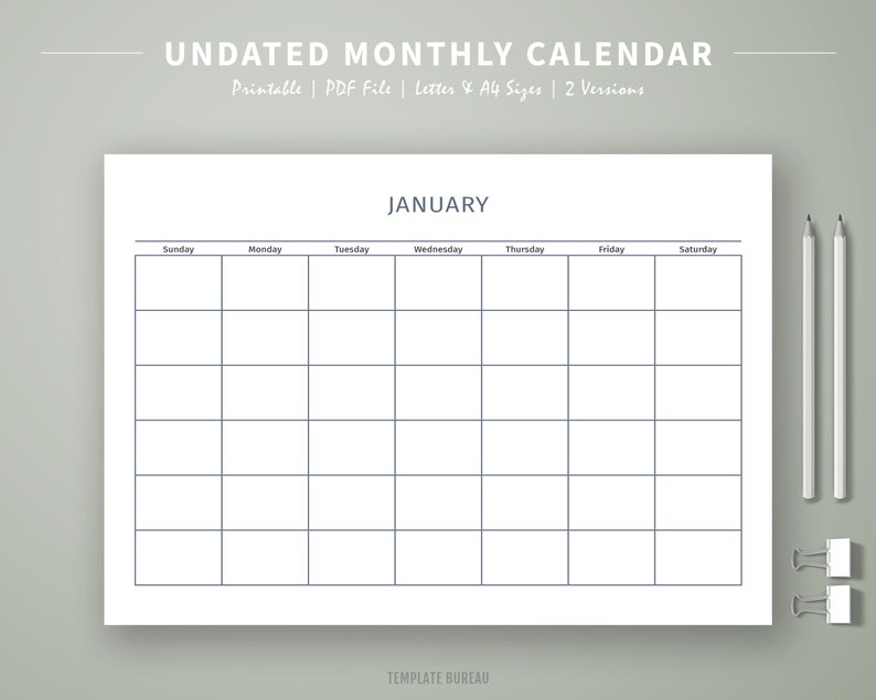 Printable Calendar, Undated Monthly Calendar, Monthly Planner, Calendar ...