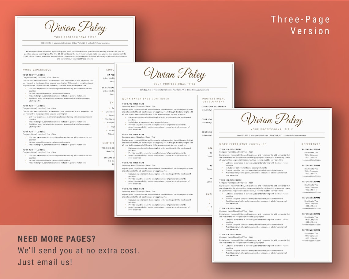 Teacher Resume Template for Word, Professional Resume, Education ...