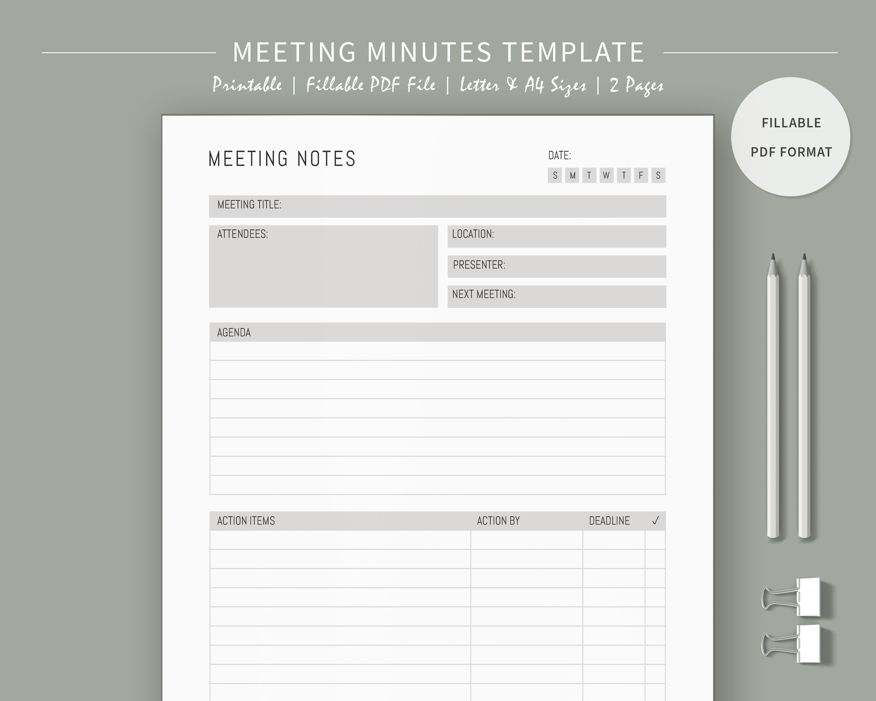 Meeting Minutes Template, Meeting Planner, Meeting Notes, Virtual ...