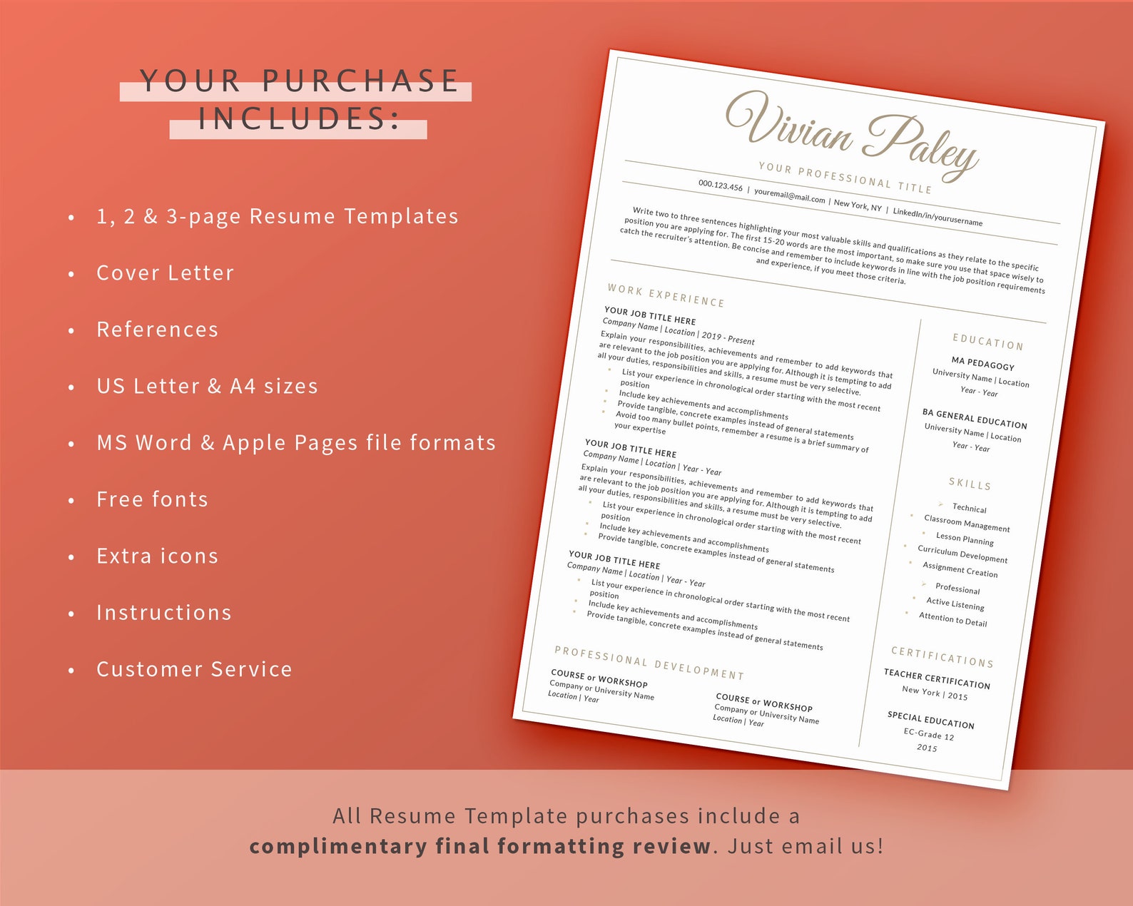 Teacher Resume Template for Word, Professional Resume, Education ...