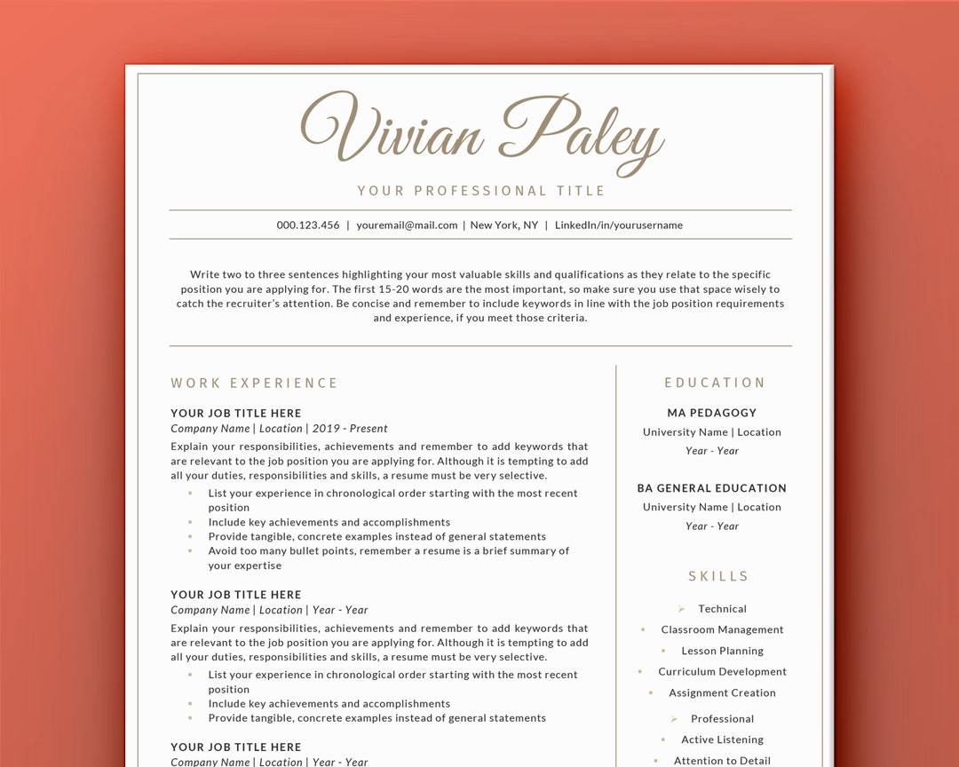 Teacher Resume Template for Word, Professional Resume, Education ...
