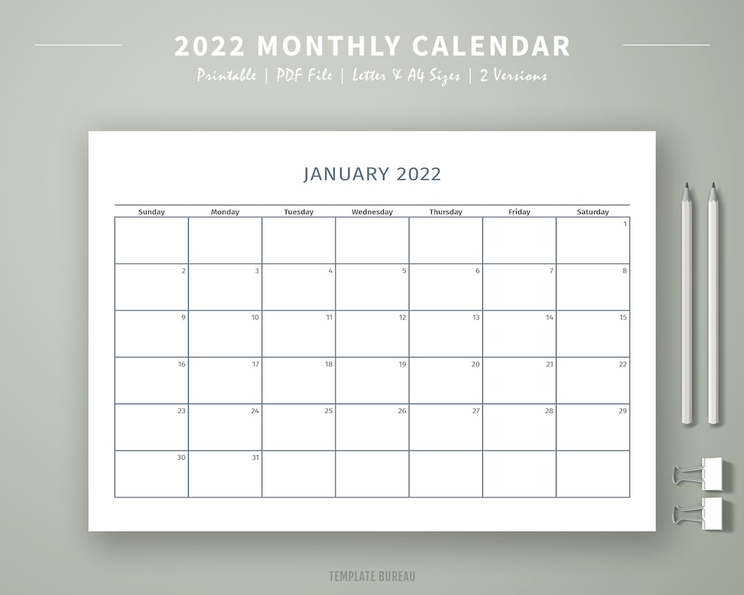 Monthly Calendar 2022, Printable Calendar, Monthly Planner, Monthly ...