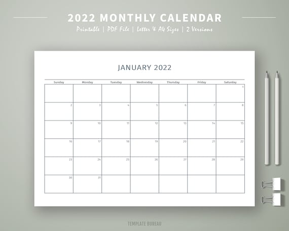 Monthly Calendar 2022 Printable Calendar Monthly Planner | Etsy