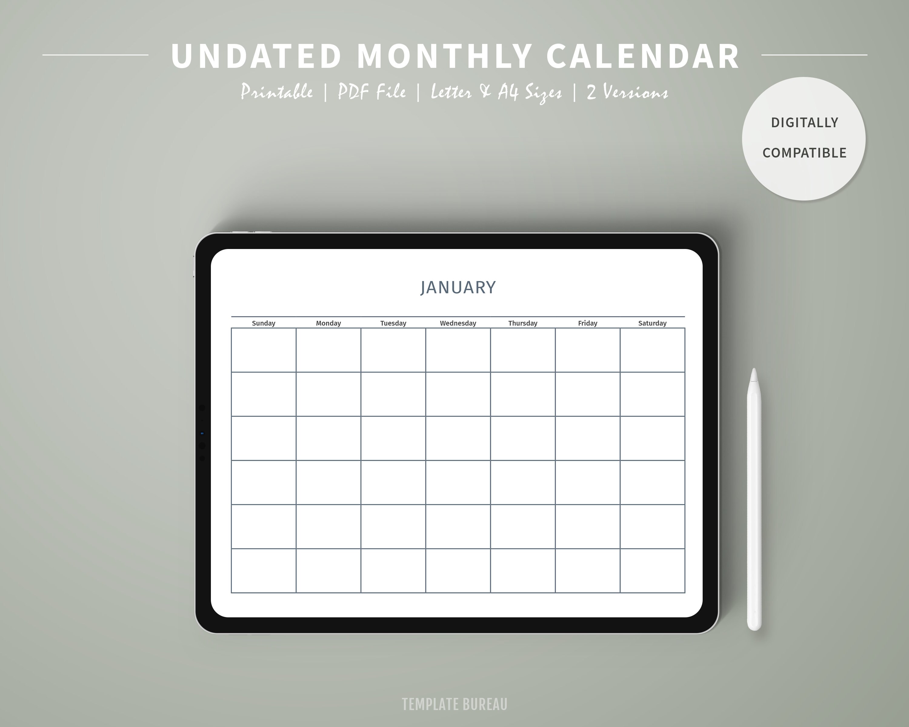 Printable Calendar, Undated Monthly Calendar, Monthly Planner, Calendar ...