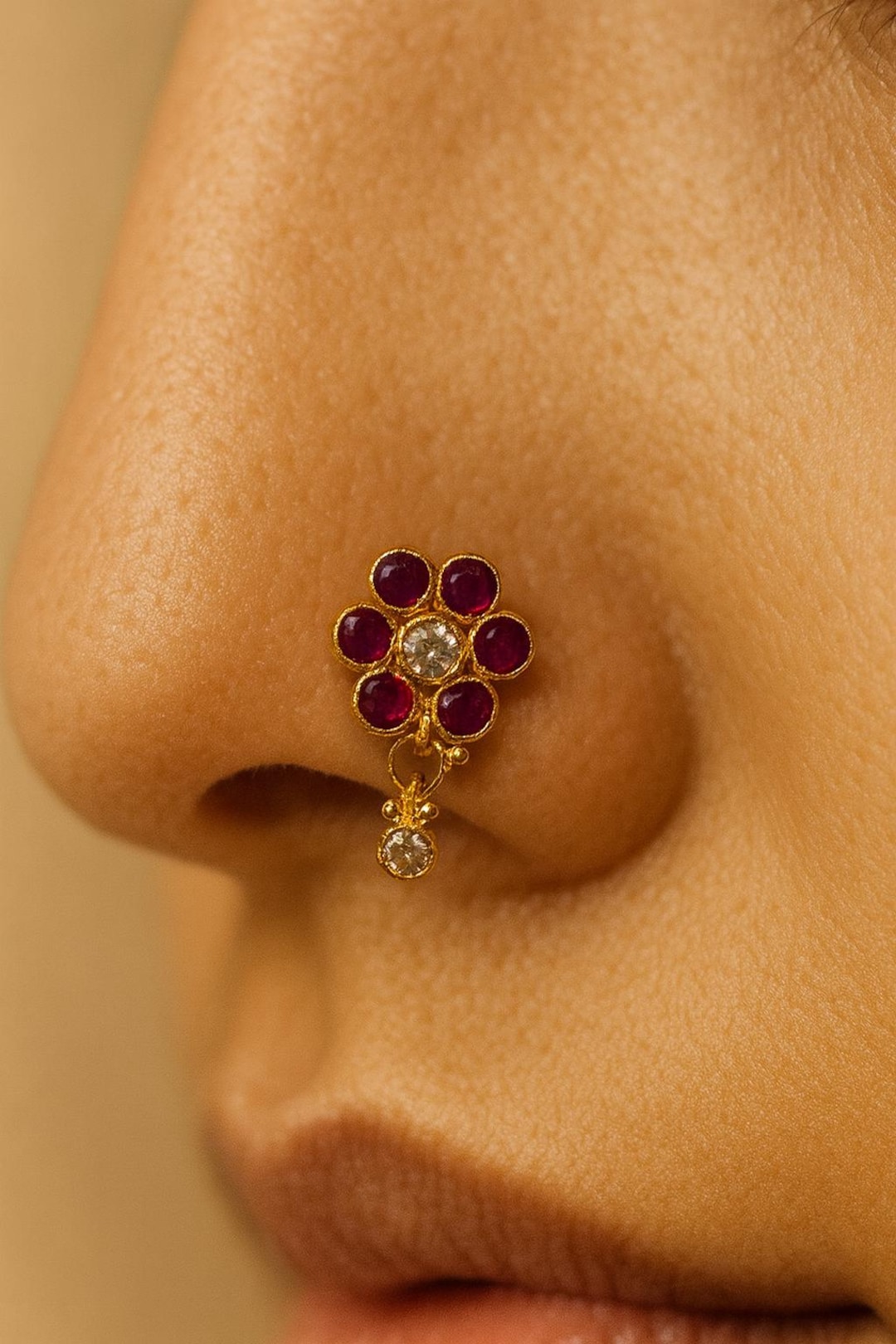 22K Gold Ruby Flower Nose Pin | Real Diamond Nath - Etsy UK