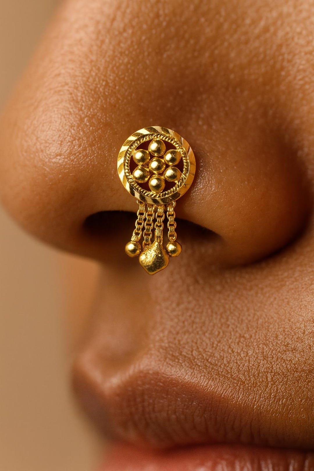 22K Gold Bridal Nose Pin: Traditional 7mm Floral Dangler Nath ...