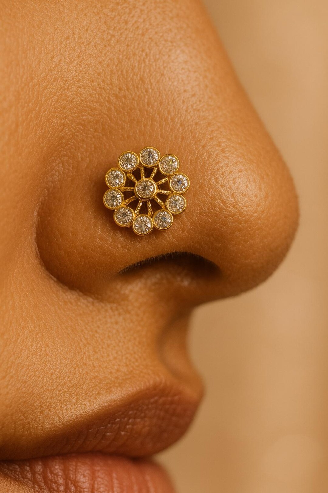 22K Gold Floral CZ Nose Pin | 0.39g Dangler Nath - Etsy Canada