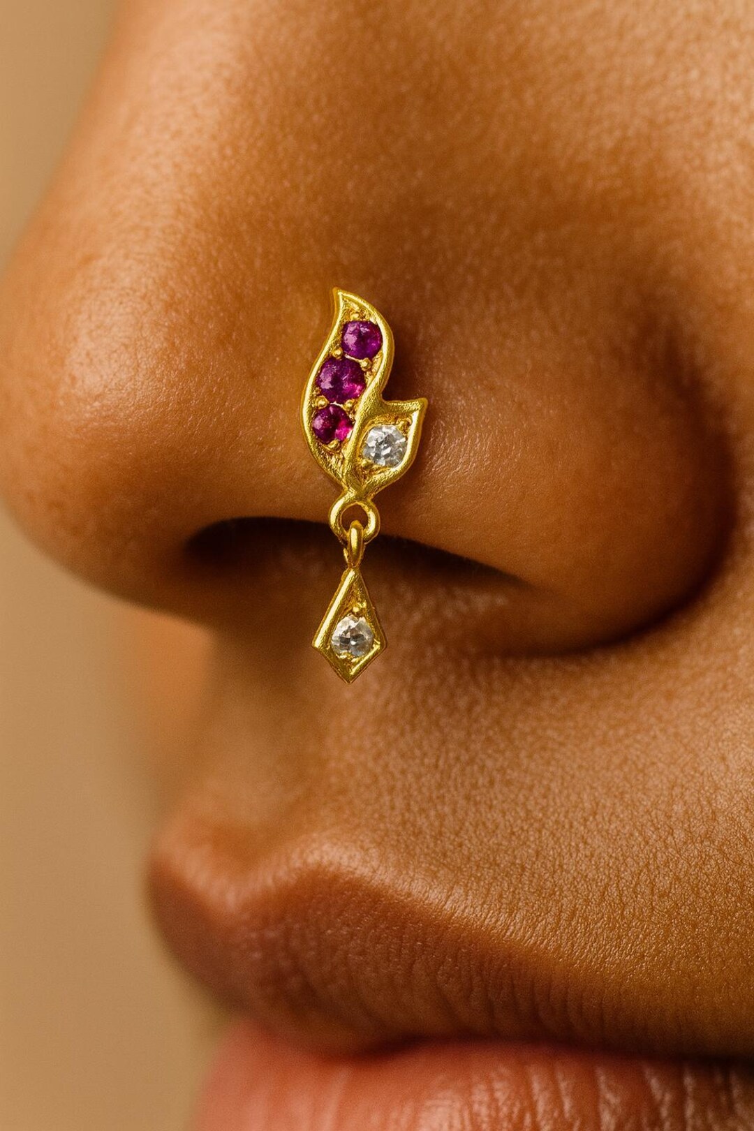 22K Ruby & CZ Gold Dangler Nose Pin | 6mm Design - Etsy