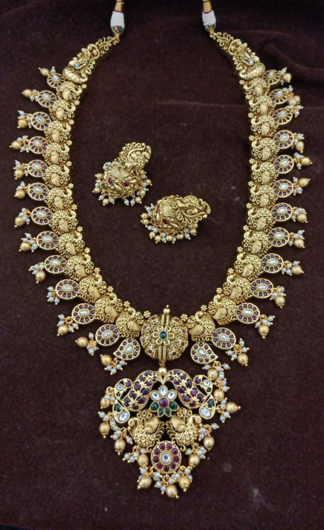 Traditional Antique Finish Haaram Set With Kemp Stones and Nagasi Work ...