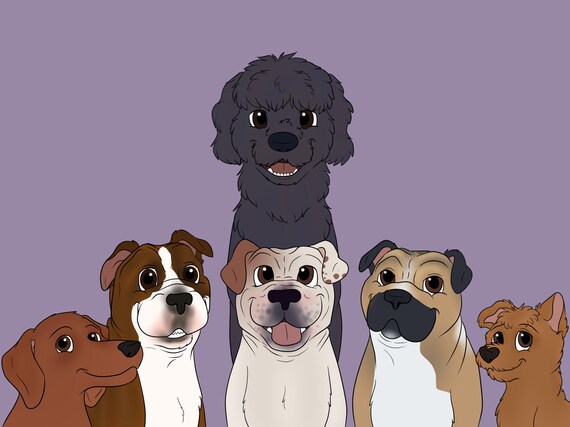 6 Pets Cute Custom Digital Cartoon Style Pet Portrait - Etsy
