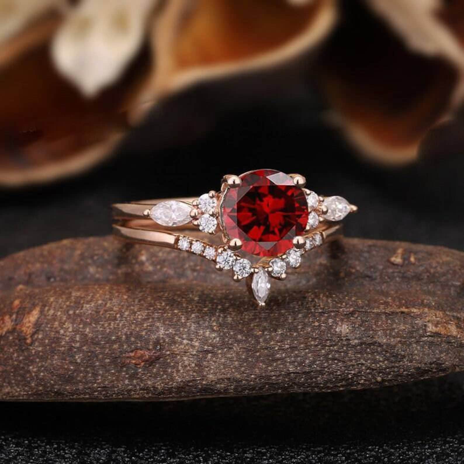 Unique Garnet Engagement Ring Art Deco Round Red Gemstone - Etsy