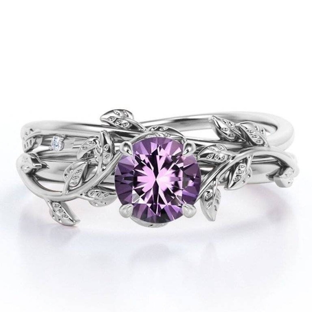 Amethyst Engagement Ring, Leaf Wedding Ring, Amethyst 14K Ring, Bohemian Leaf Engagement Ring ...