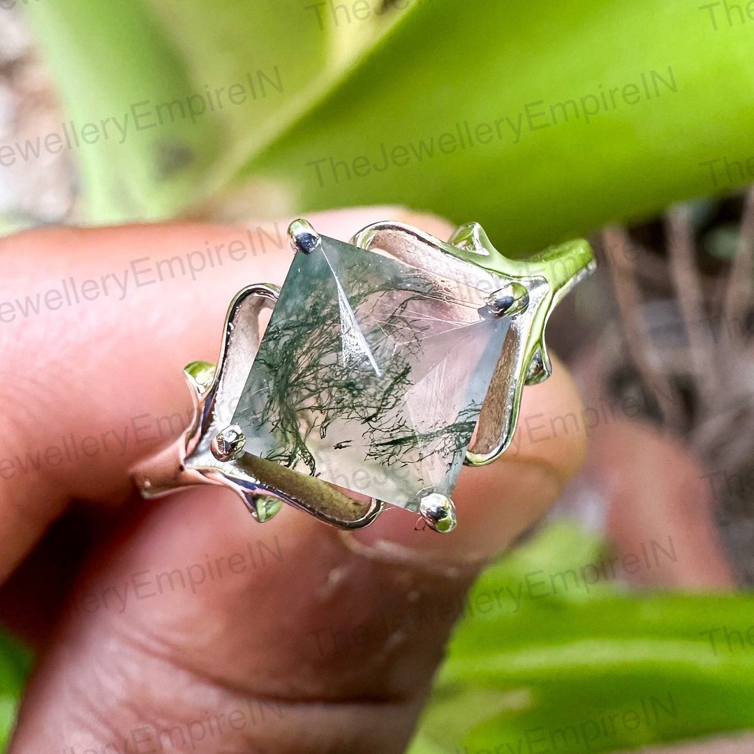 Moss Agate Engagement Ring, Square Cut Solid 14K Gold Engagement Ring ...