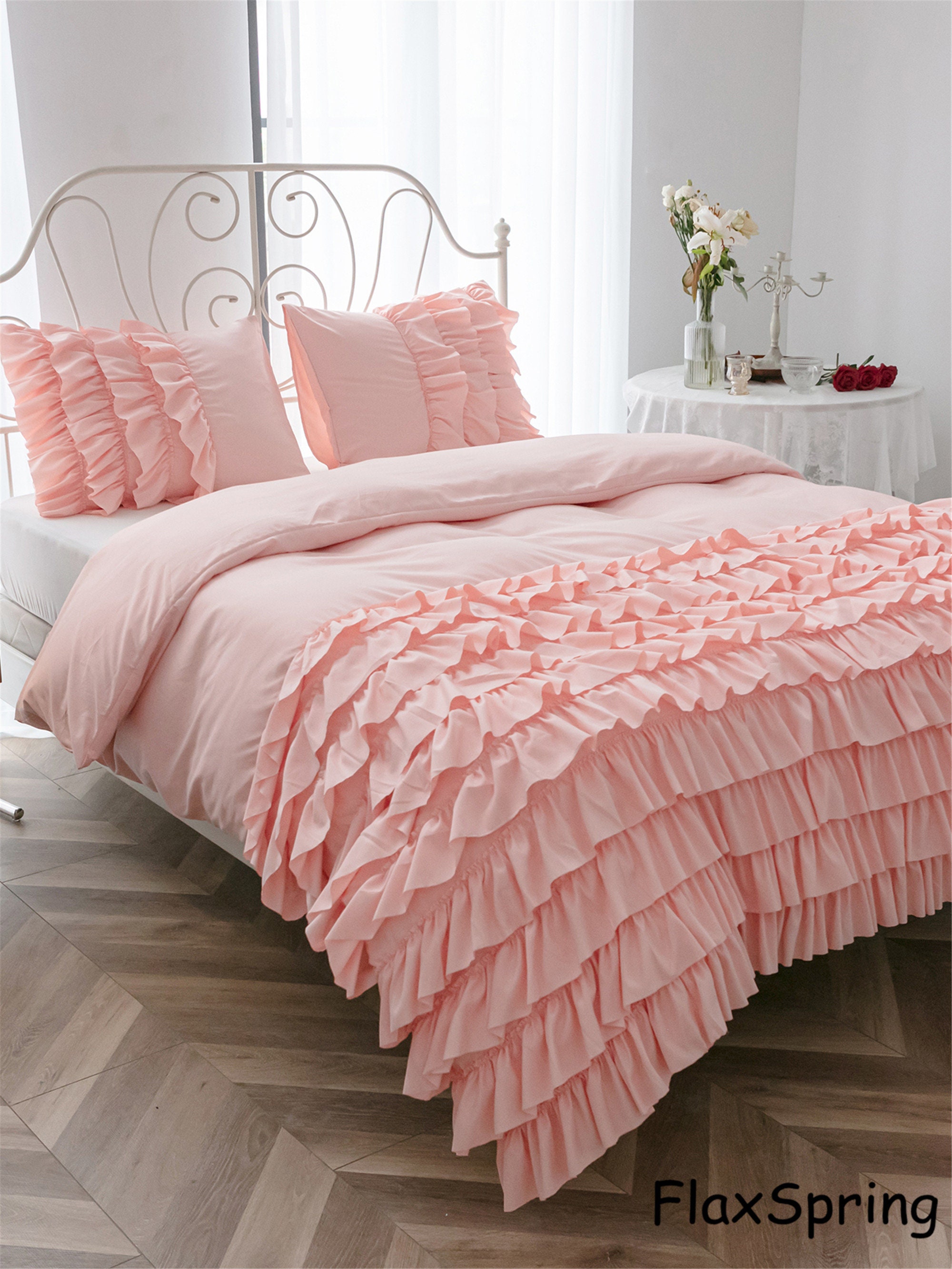Pink Ruffle Bedding Set Minimalist Duvet Cover Set Solid Color Etsy