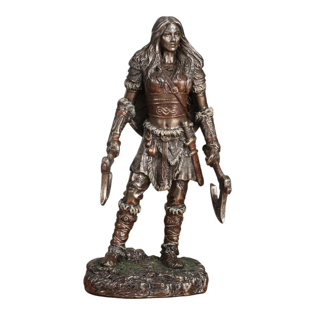 Viking Berserker Woman Warrior Holding Two Axes Norse Cold Cast Bronze ...