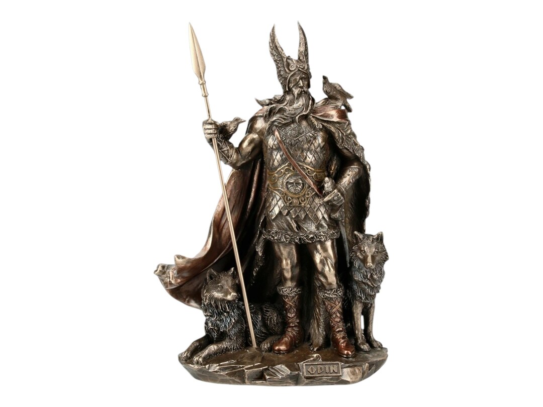 Norse God Odin With Wolves and Crow Cold Cast Bronze & Resin Statue ...