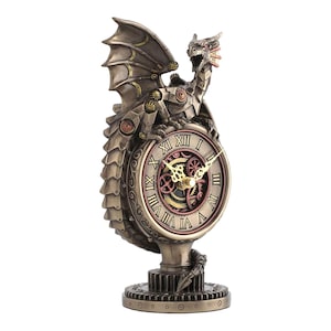 Steampunk Dragon Clock on Gear Stand Cold Cast Bronze & Resin Statue ...