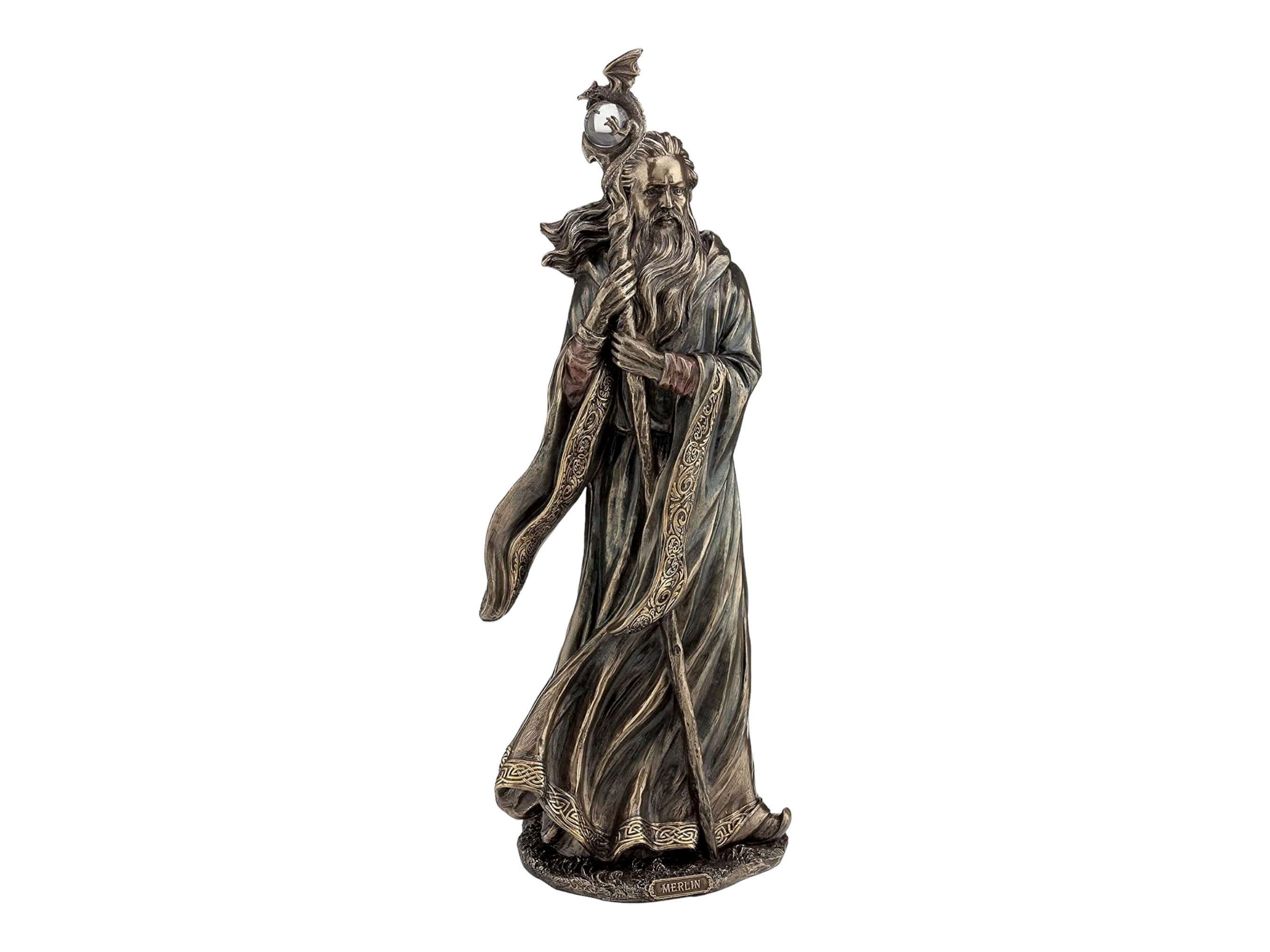 Merlin Statue: Grand Wizard With Dragon Staff, Bronze Finish - Etsy