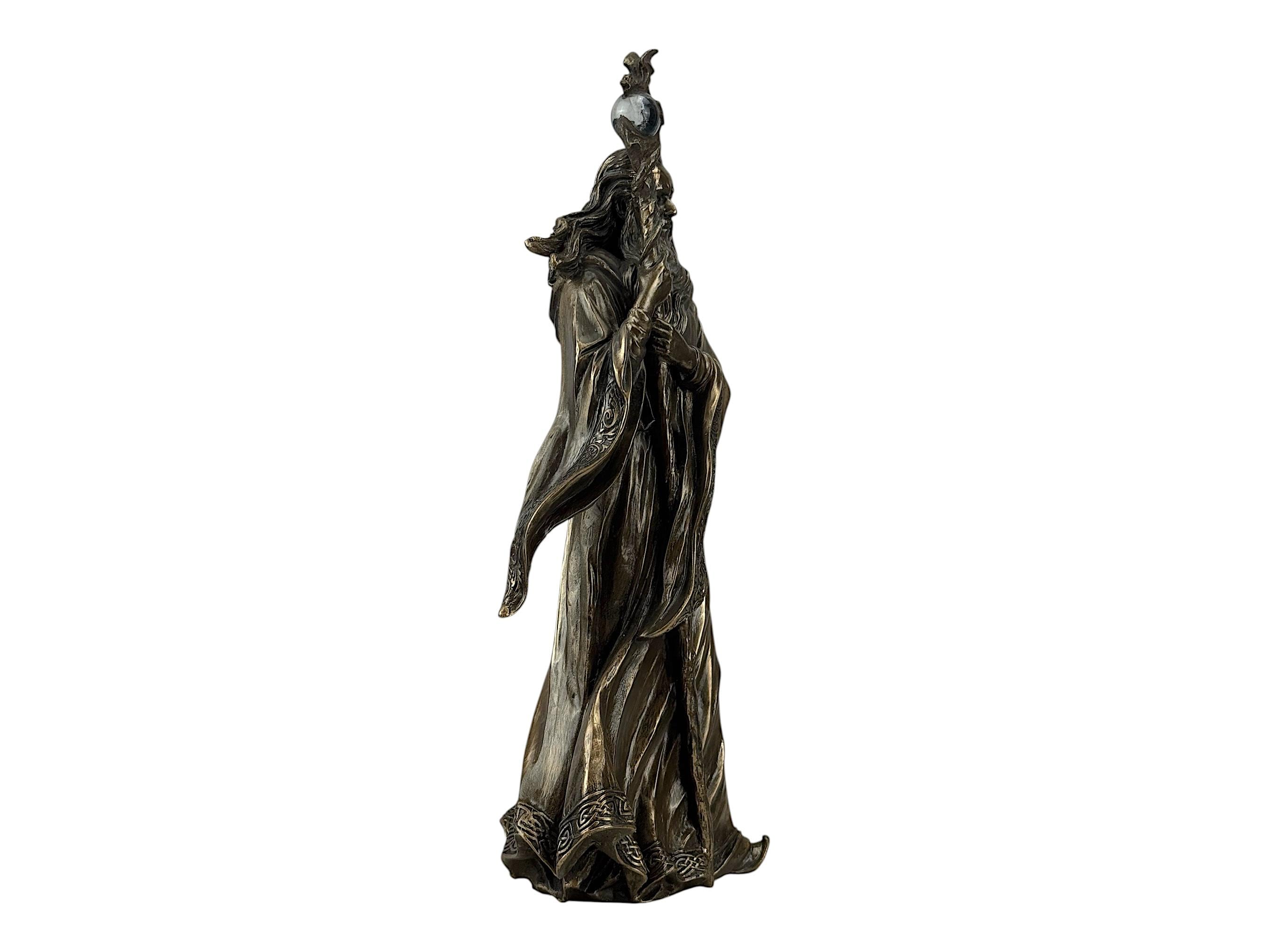 Merlin Statue With Dragon Staff & Crystal Ball, Cold Cast Bronze Finish ...
