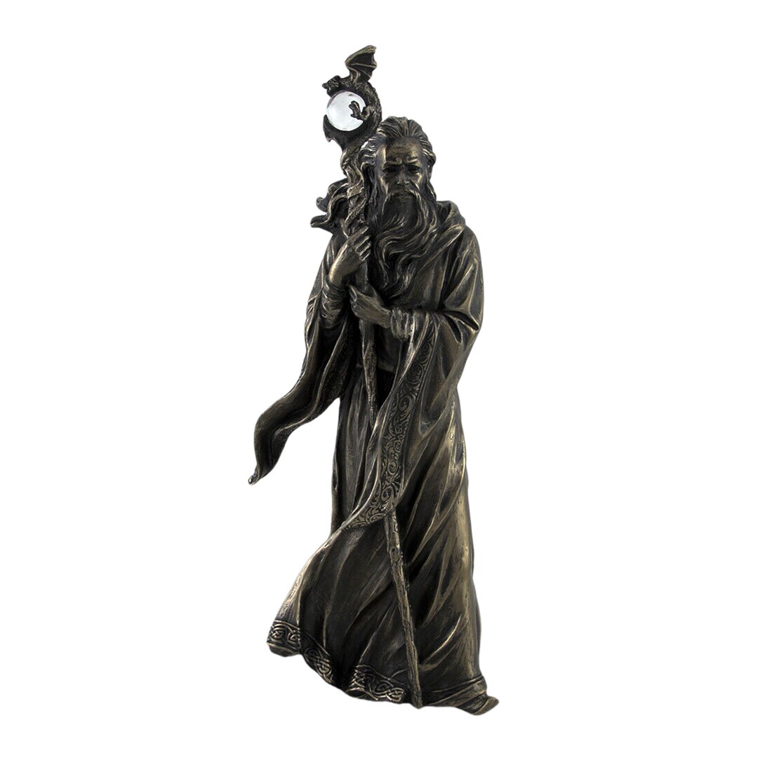 Merlin Grand Wizard Dragon Crystal Ball Staff Statue Bronze Finish ...
