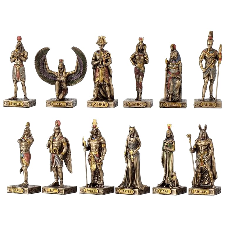 Egyptian Gods Miniature Statues, Bronze Resin Pantheon Set With Pyramid ...