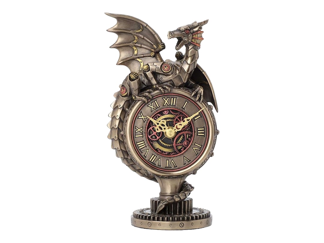 Steampunk Dragon Clock on Gear Stand Cold Cast Bronze & Resin Statue ...