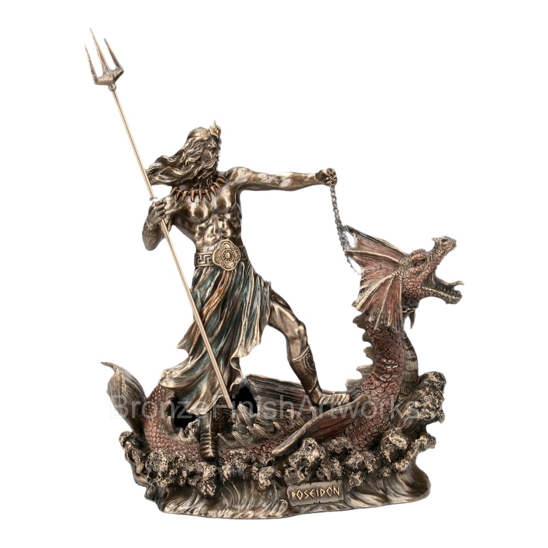Poseidon With Trident Standing on Sea Dragon Statue Sculpture Bronze ...