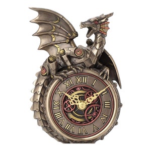Steampunk Dragon Clock on Gear Stand Cold Cast Bronze & Resin Statue ...
