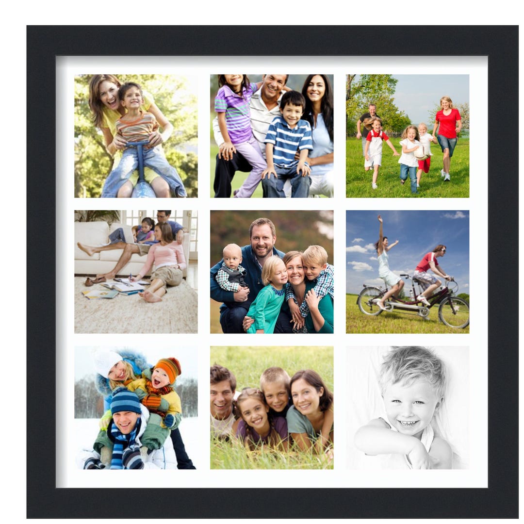 9-opening Collage Frame: Black Square Photo Display With White Mat - Etsy