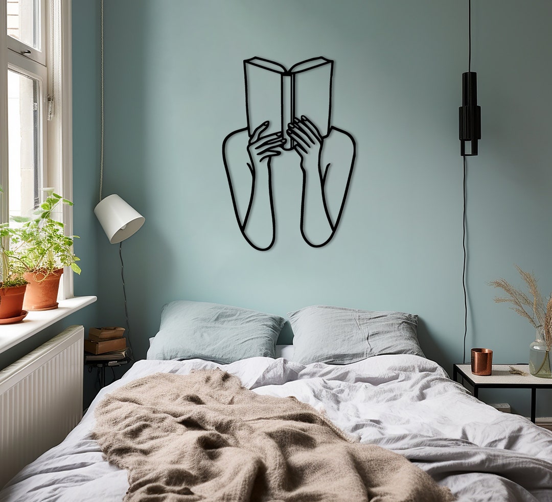 Library Book Line Art, Book Woman Wood Wall Decor, Home Wall Hangings ...