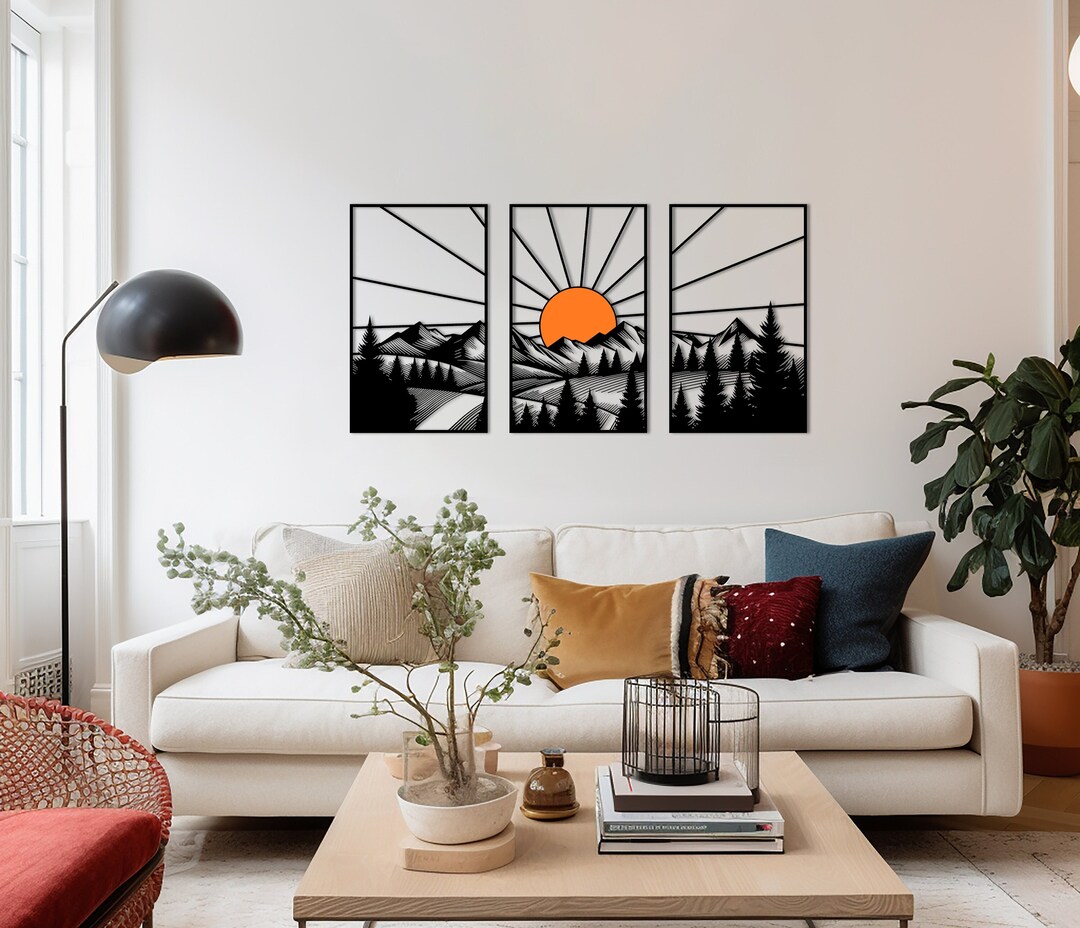 Mountain Forest Sunset Wood Wall Decor, Sun Yard Mountain Range View ...
