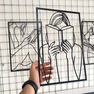 3 Set Bookish Wood Wall Decor, Minimalist Line Art, Book Wall Art ...