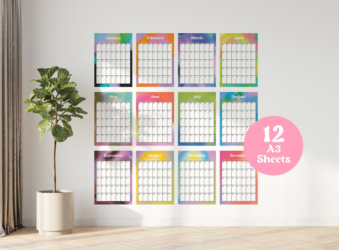 A3 Large Undated Monthly Wall Calendar, 12 Months , 12 Planner Sheets ...