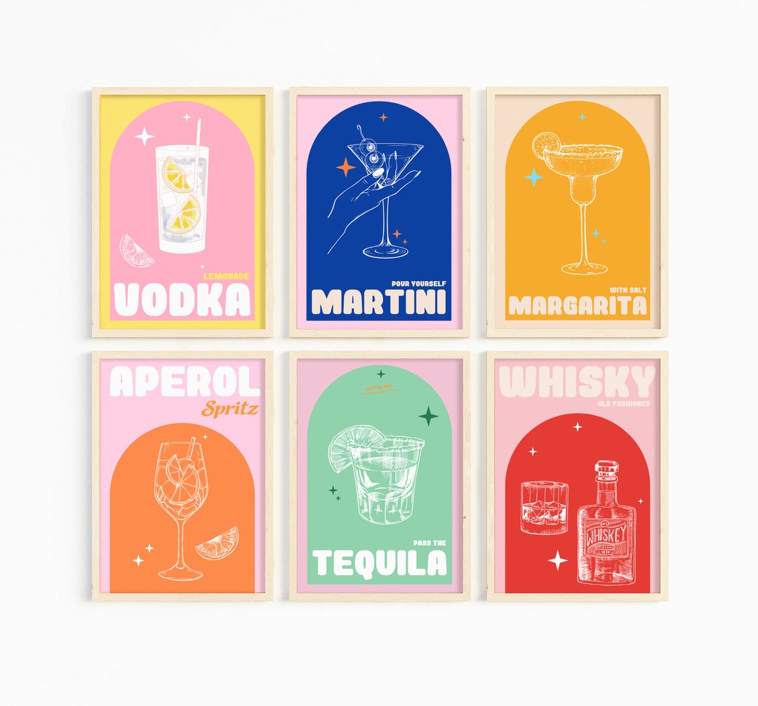 Cocktail Drink Print Set, A3, A4, Set of 6, , Bar Prints, Wall Art ...