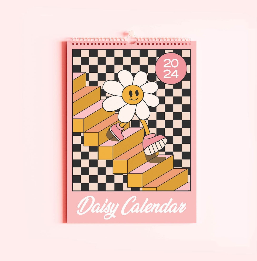 2024 Pink Checkered Daisy Calendar, 12 Month Hanging Calendar ...