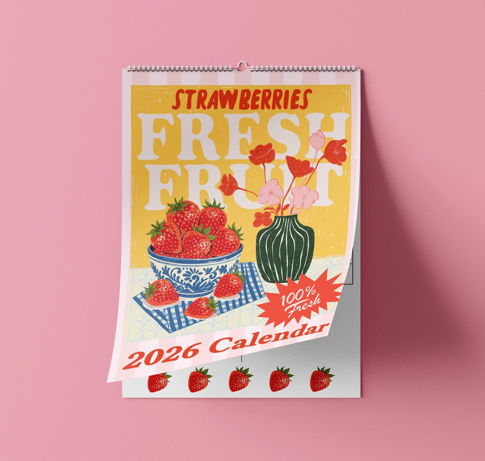 2026 Pink Strawberry Calendar, Wall 12 Month Hanging Planner, 2026 ...