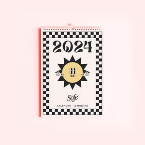2024 Monochrome Checkerboard Calendar, 12 Month Hanging Calendar, Sun ...