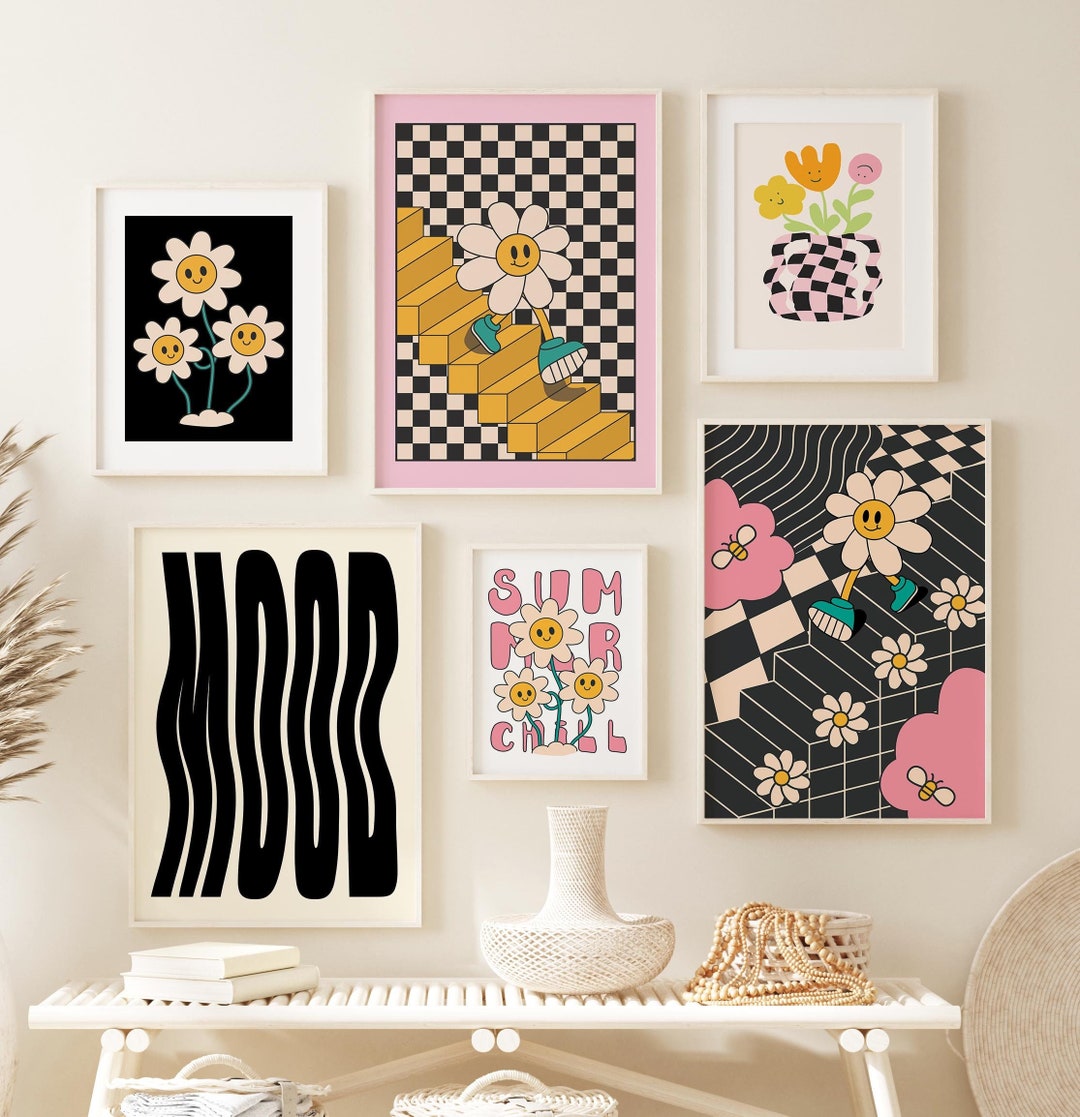 Pink & Black Checkered Gallery Wall Set of 6, Colourful Art, Trendy ...