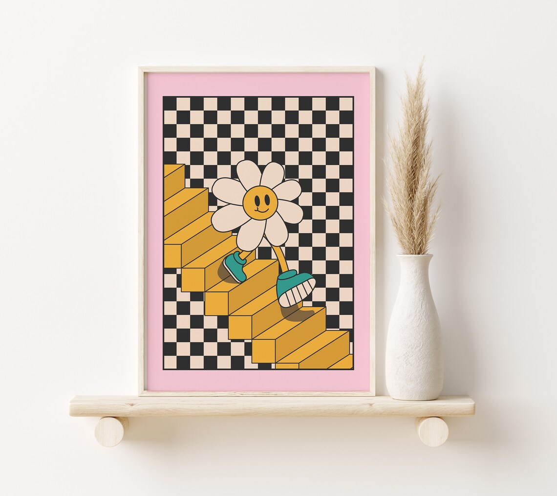 Pink Checkered Illustrative Poster Print Cool Wall Art - Etsy